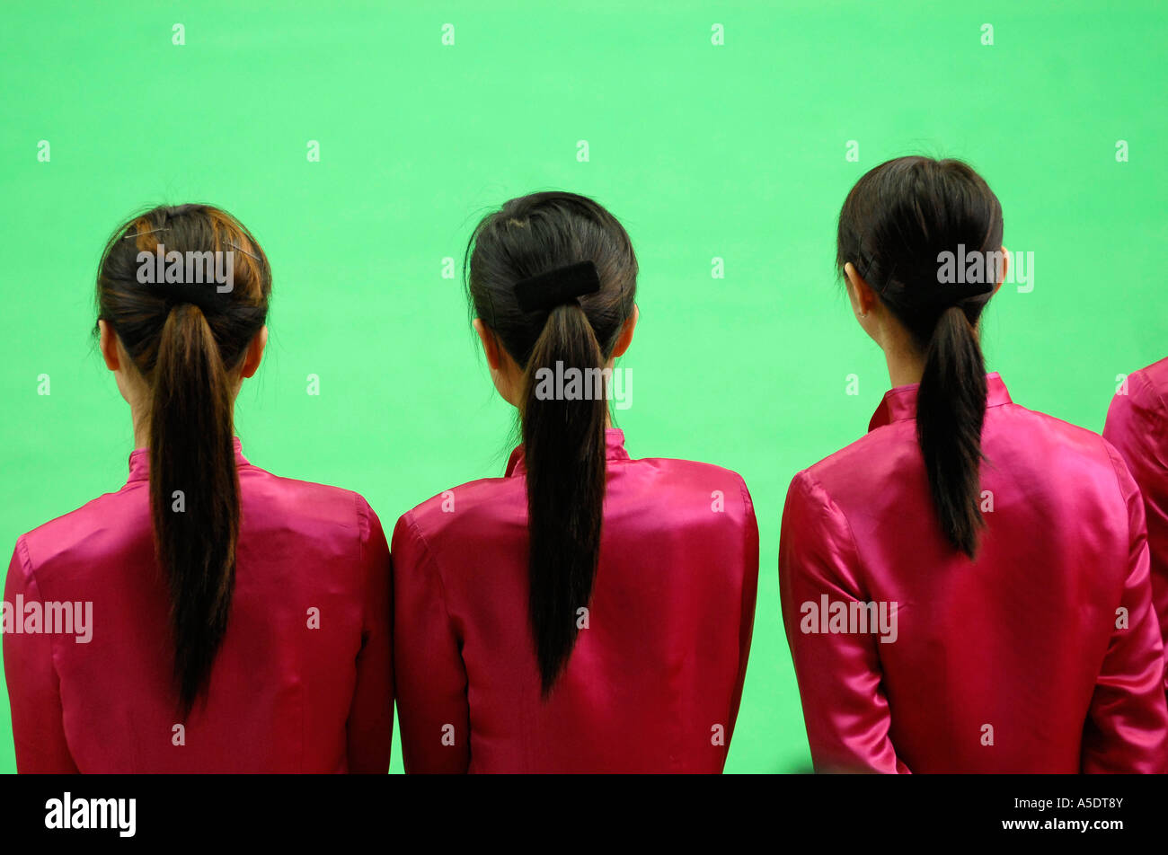 Rear view of young Chinese women wearing red shirt with ponytail ...