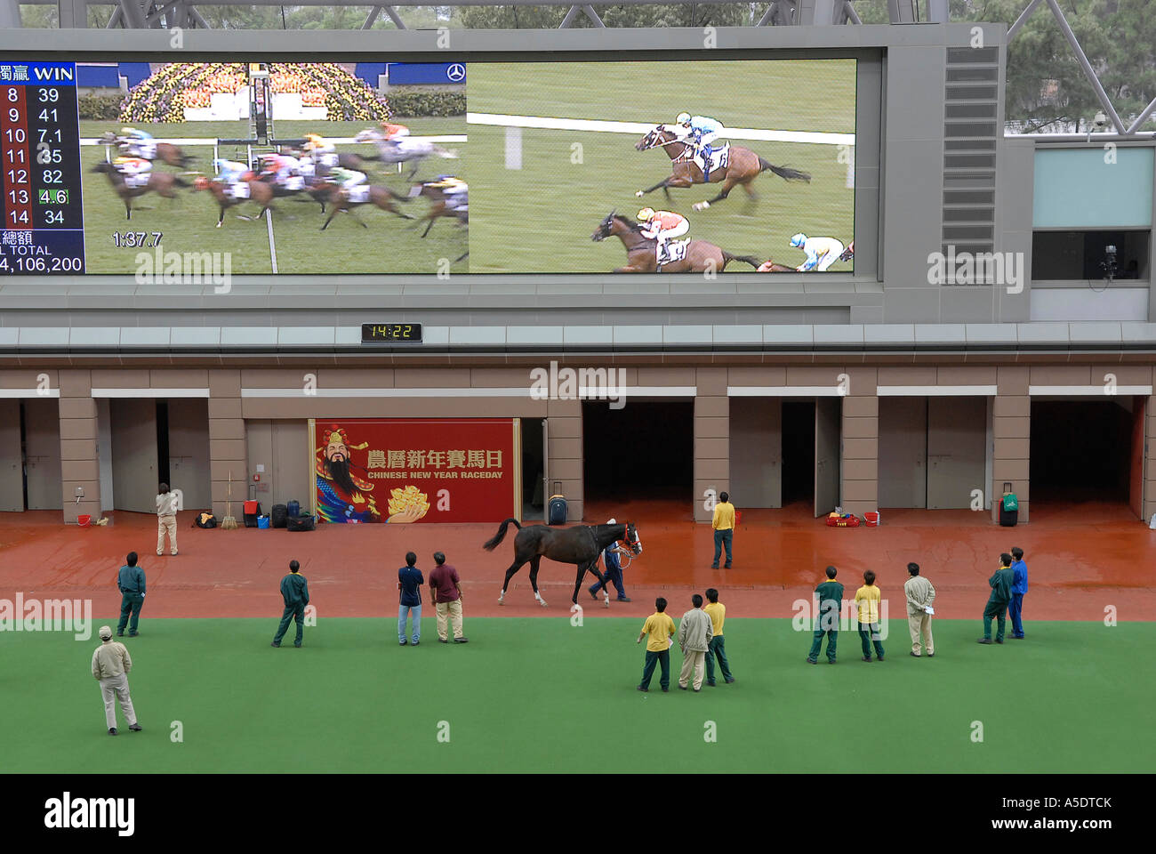 Digital screens display streaming video of horse racing at Sha Tin ...