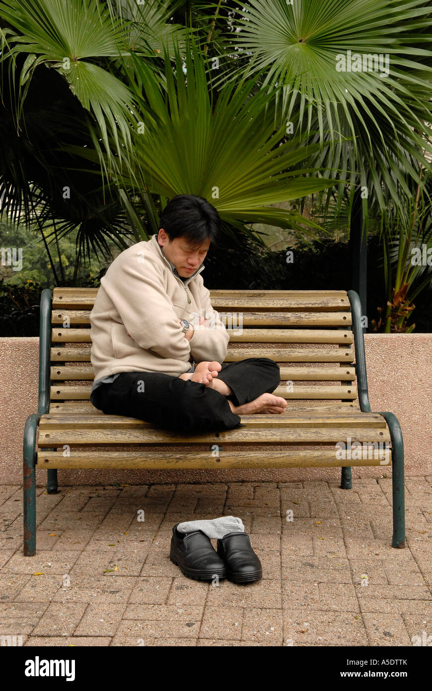 A Chinese man resting on a bench in the park in Hong Kong China Stock ...