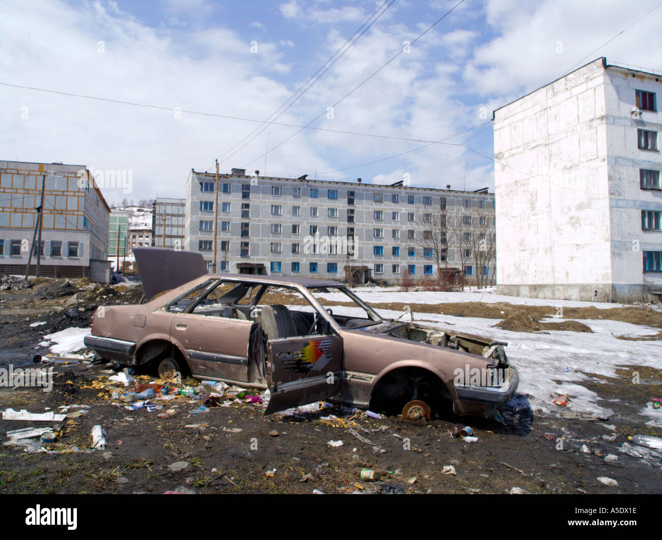 Poor quality Soviet era concrete apartment buildings and abandoned ...