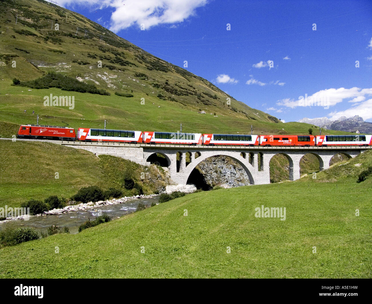 Glacier Express on the bridge of Richleren in the valley of Hospen ...
