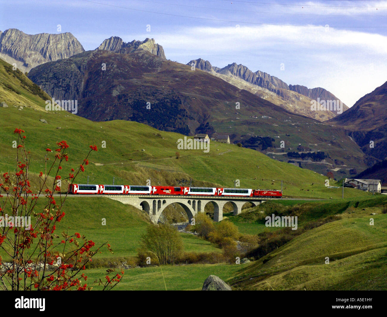 Glacier Express on the bridge of Richleren in the valley of Hospen ...