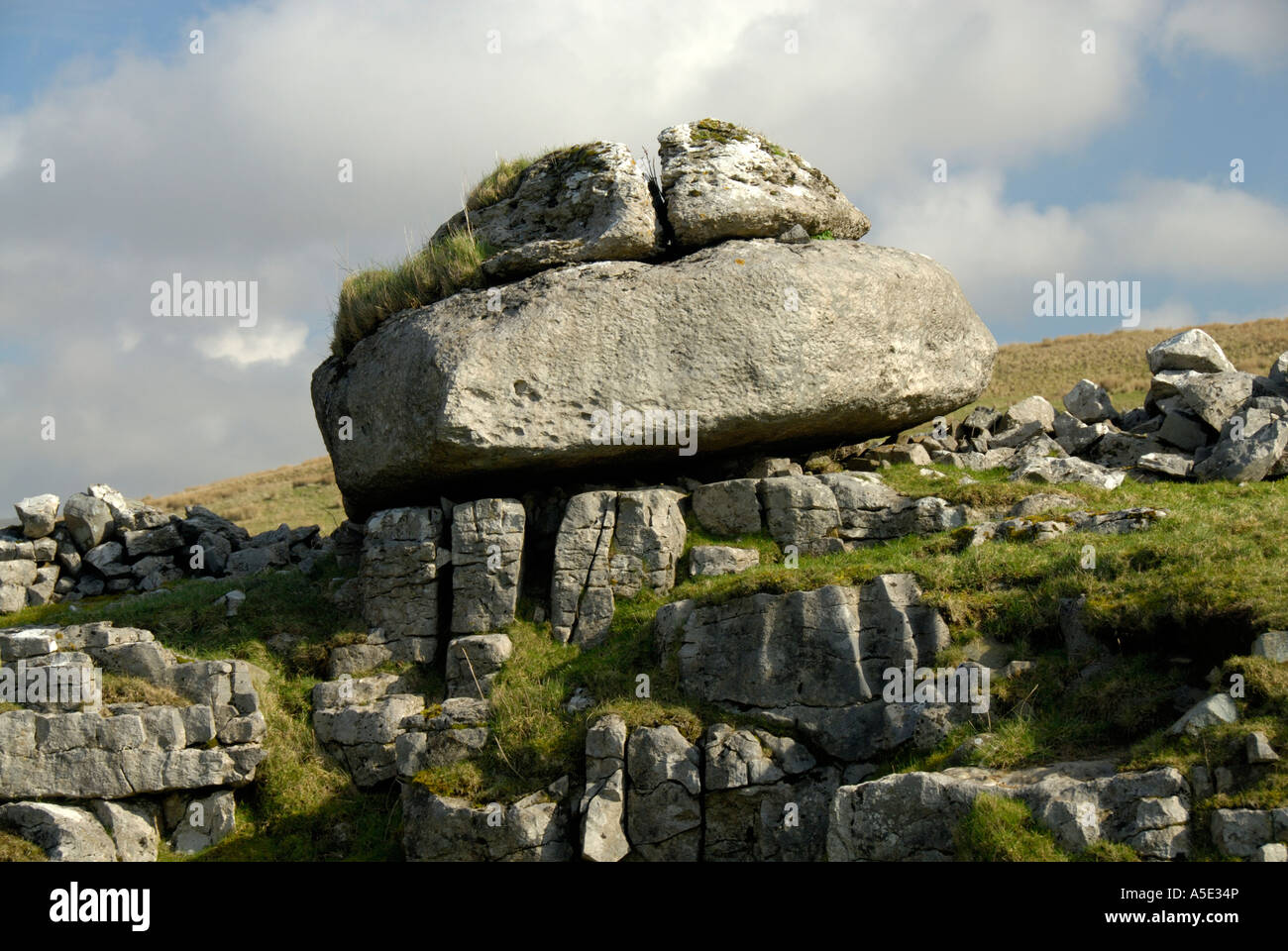 Perched limestone boulder on limestone pedestal. Thorns Gill, Yorkshire ...