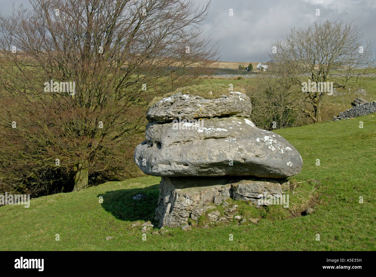 Perched limestone boulder on limestone pedestal. Thorns Gill, Yorkshire ...
