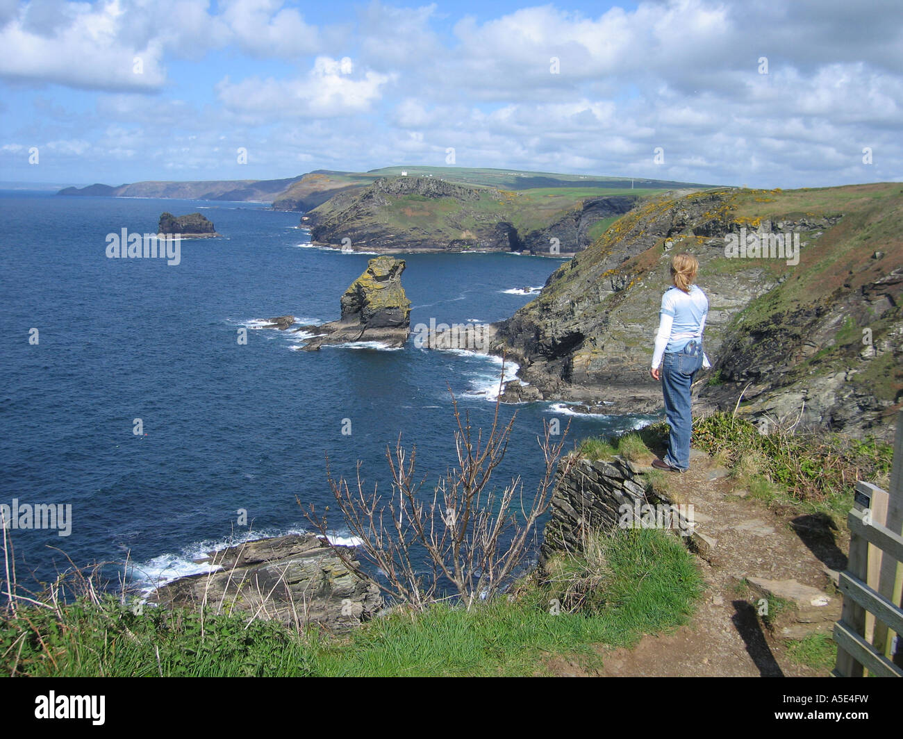 Cornish landscape; cliffs sea and sky near Boscastle on a sunny Spring ...