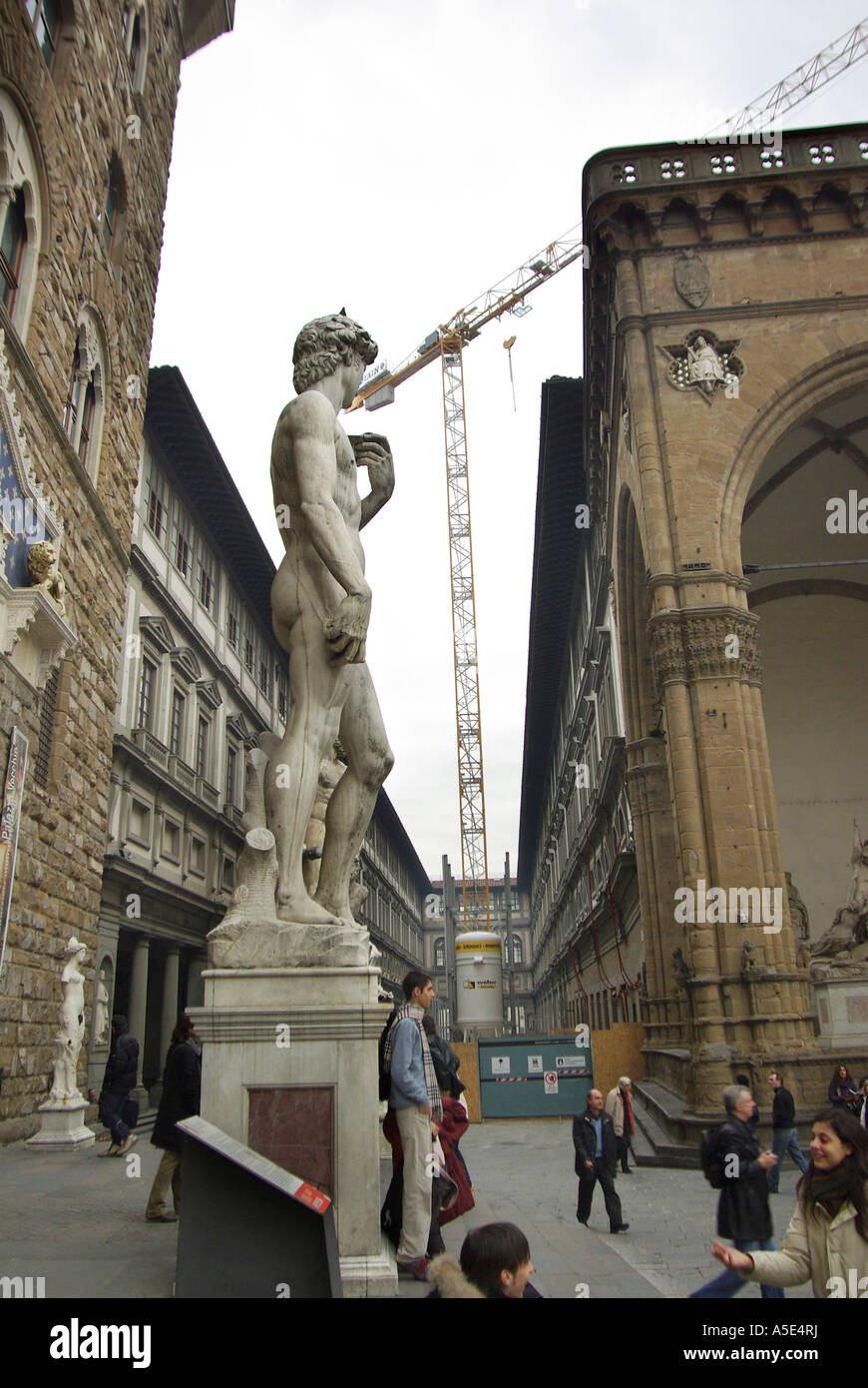 Florence Statue of David looking at the reconstruction of the Uffizi ...