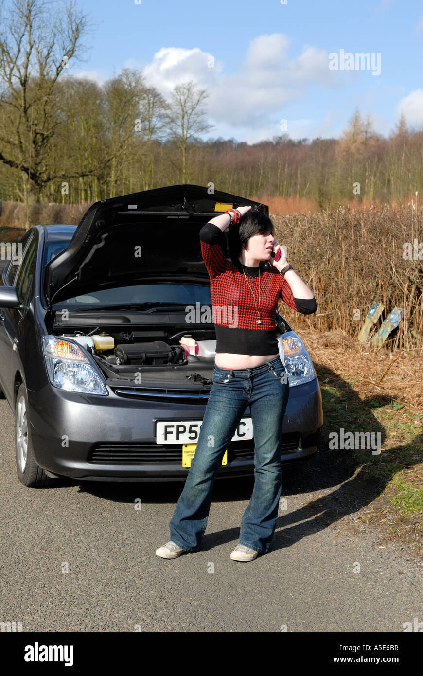 Female on phone car breakdown Stock Photo - Alamy