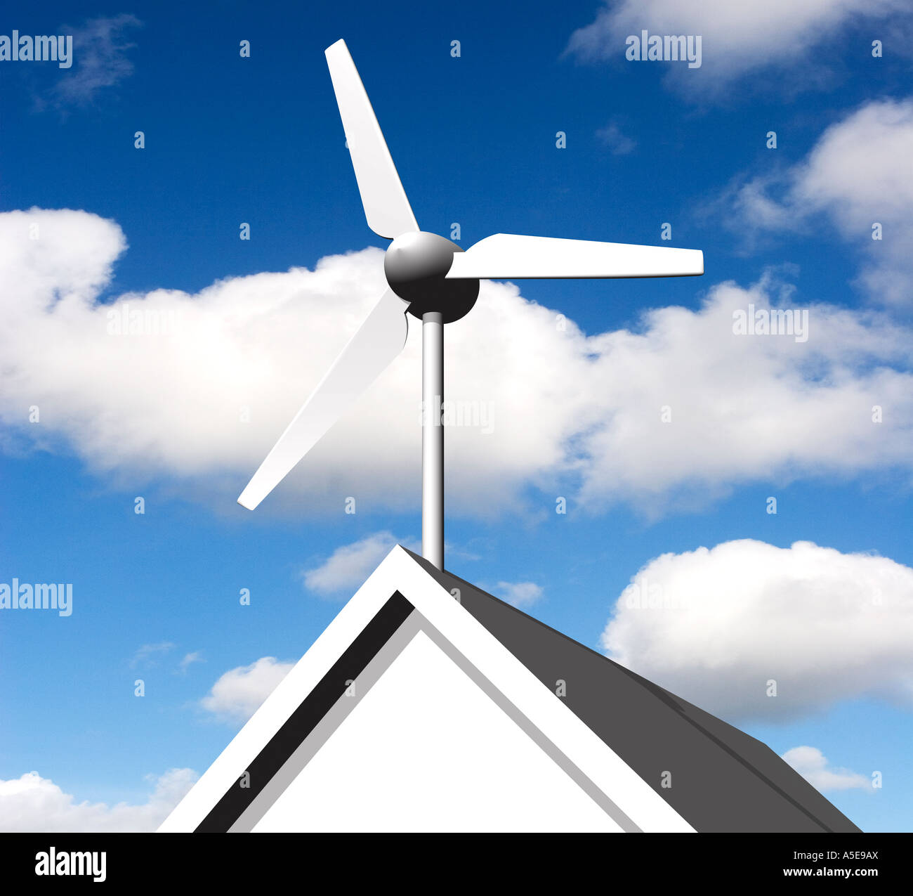 Close up view of house and roof top wind turbine with blue sky and ...