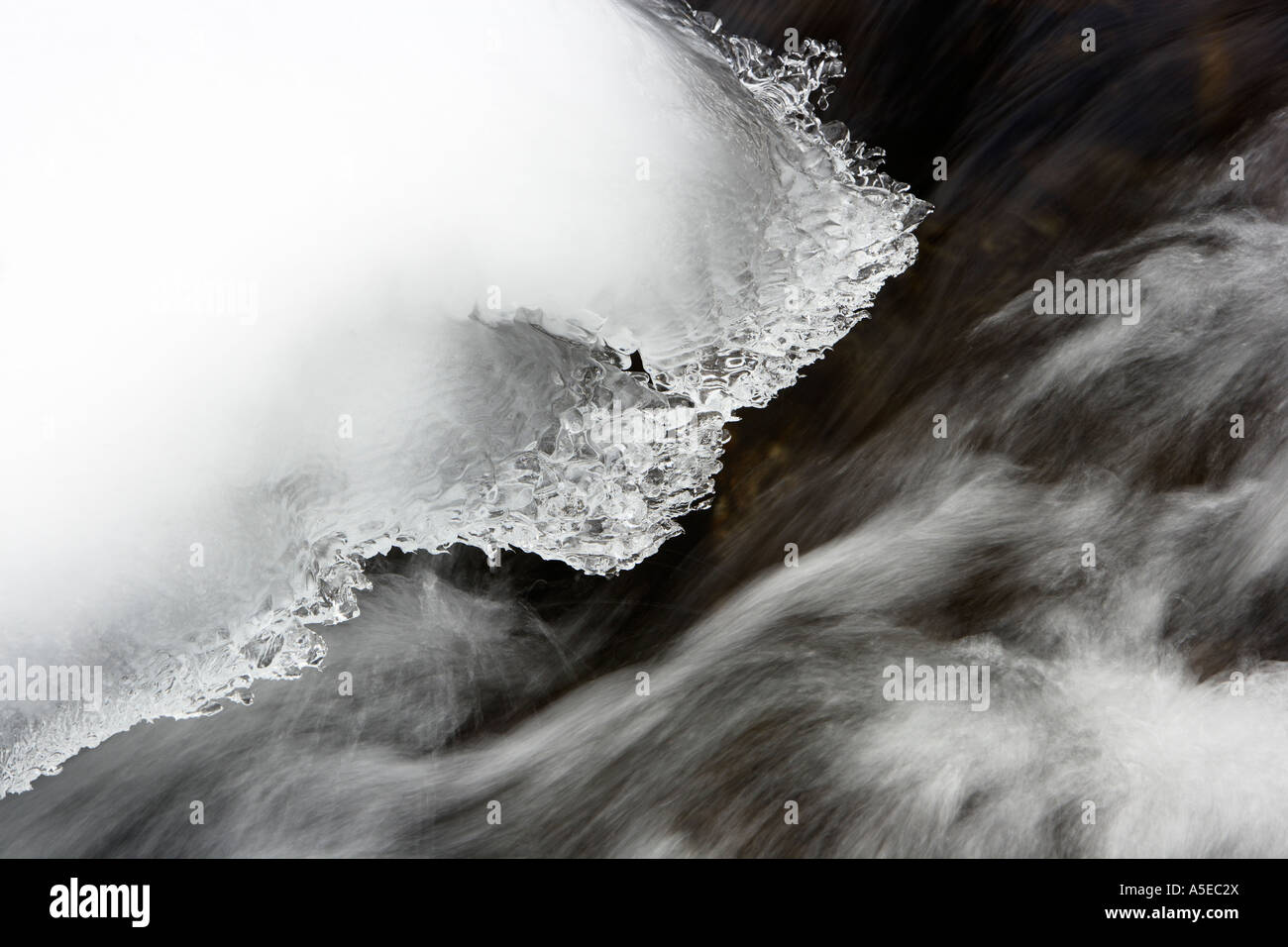 Water flowing and ice in Bonaigua river Aiguestortes i Sant Maurici ...
