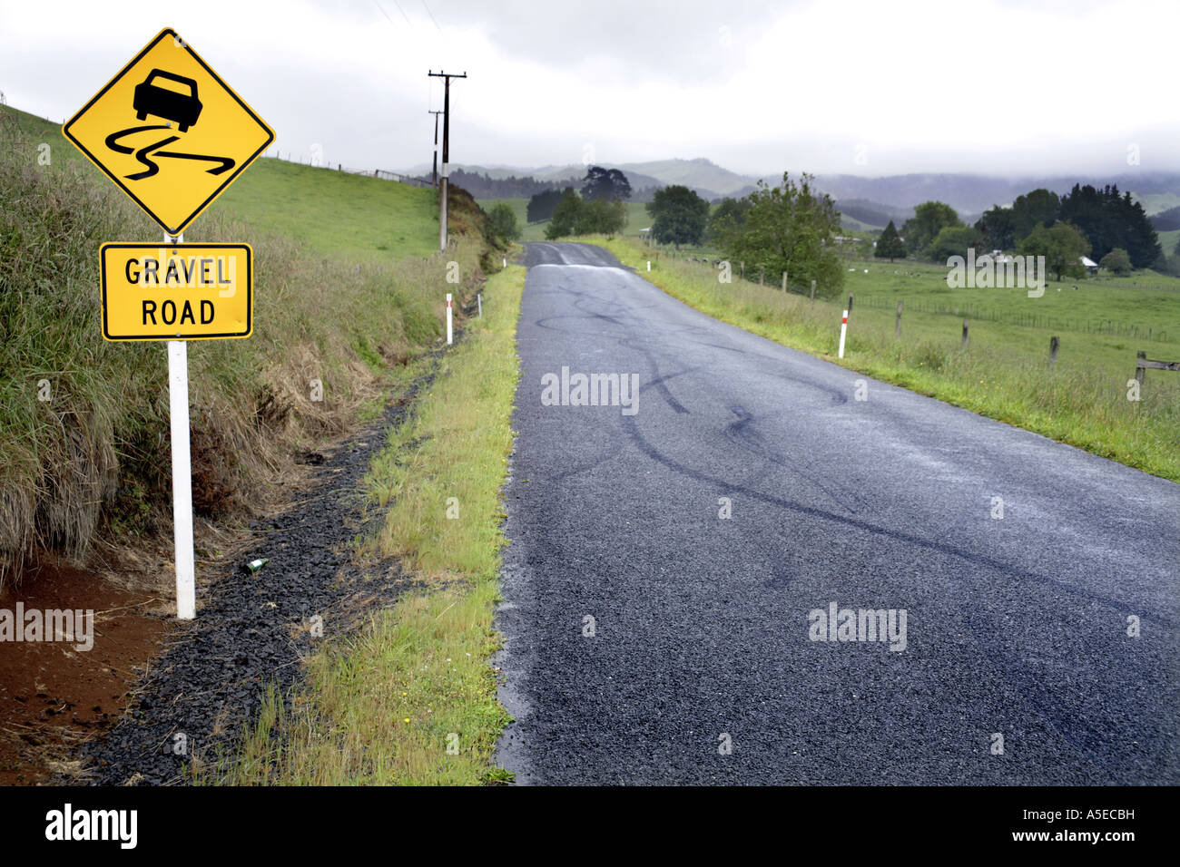 Roadsign warning & skidmarks Stock Photo - Alamy