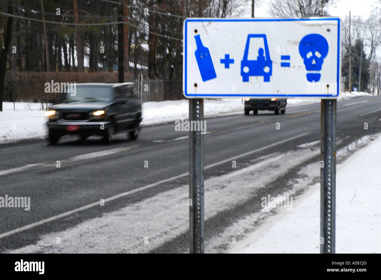 horizontal anti drunk driving sign using icons along roadway. Bottle ...