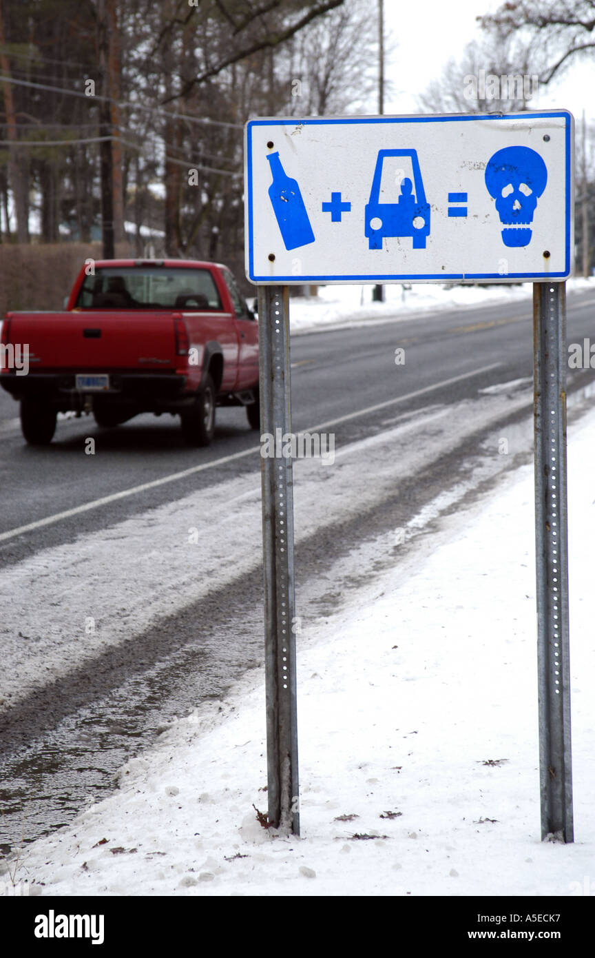 Vertical anti drunk driving sign using icons along roadway. Bottle ...