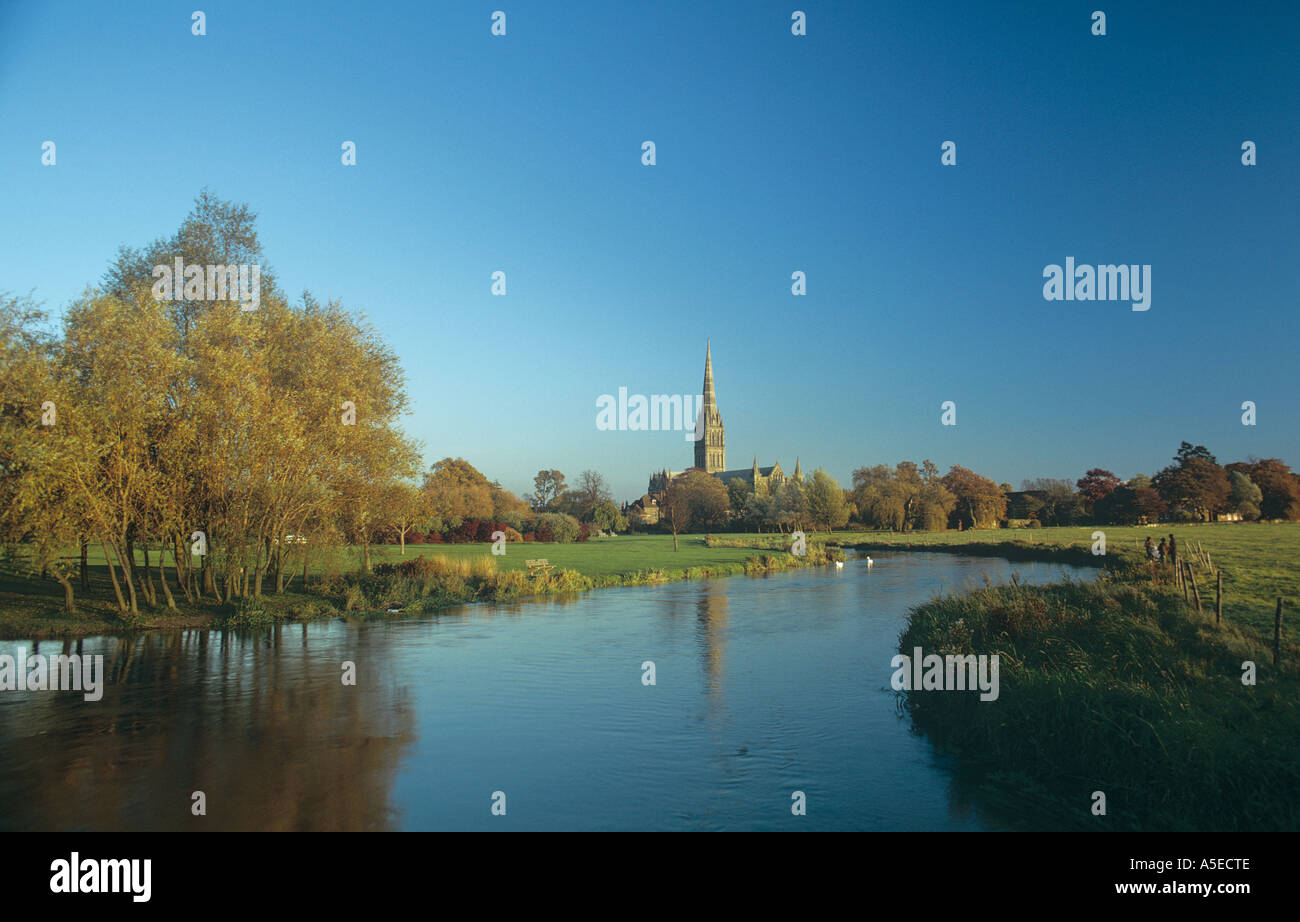 Salisbury Cathedral from the River Avon watermeadows WILTSHIRE Stock ...