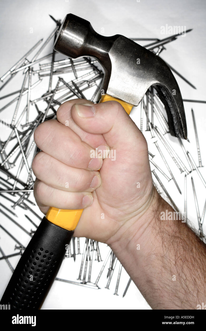 Hand holding hammer Stock Photo - Alamy