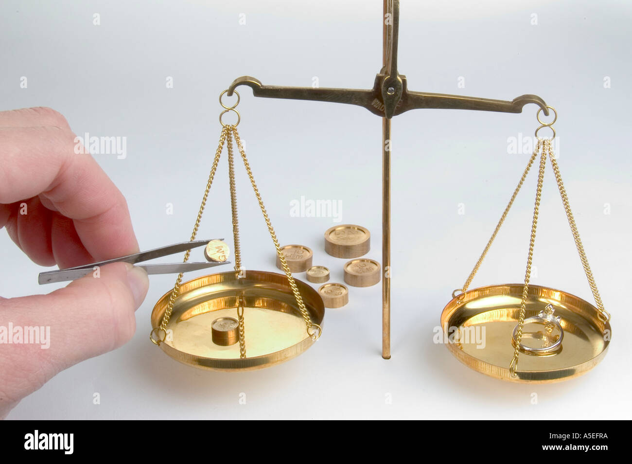 Balance Scale weighing silver ring 2 Stock Photo - Alamy