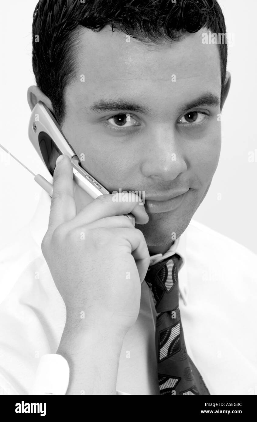 Portrait businessman talking mobile Black and White Stock Photos ...