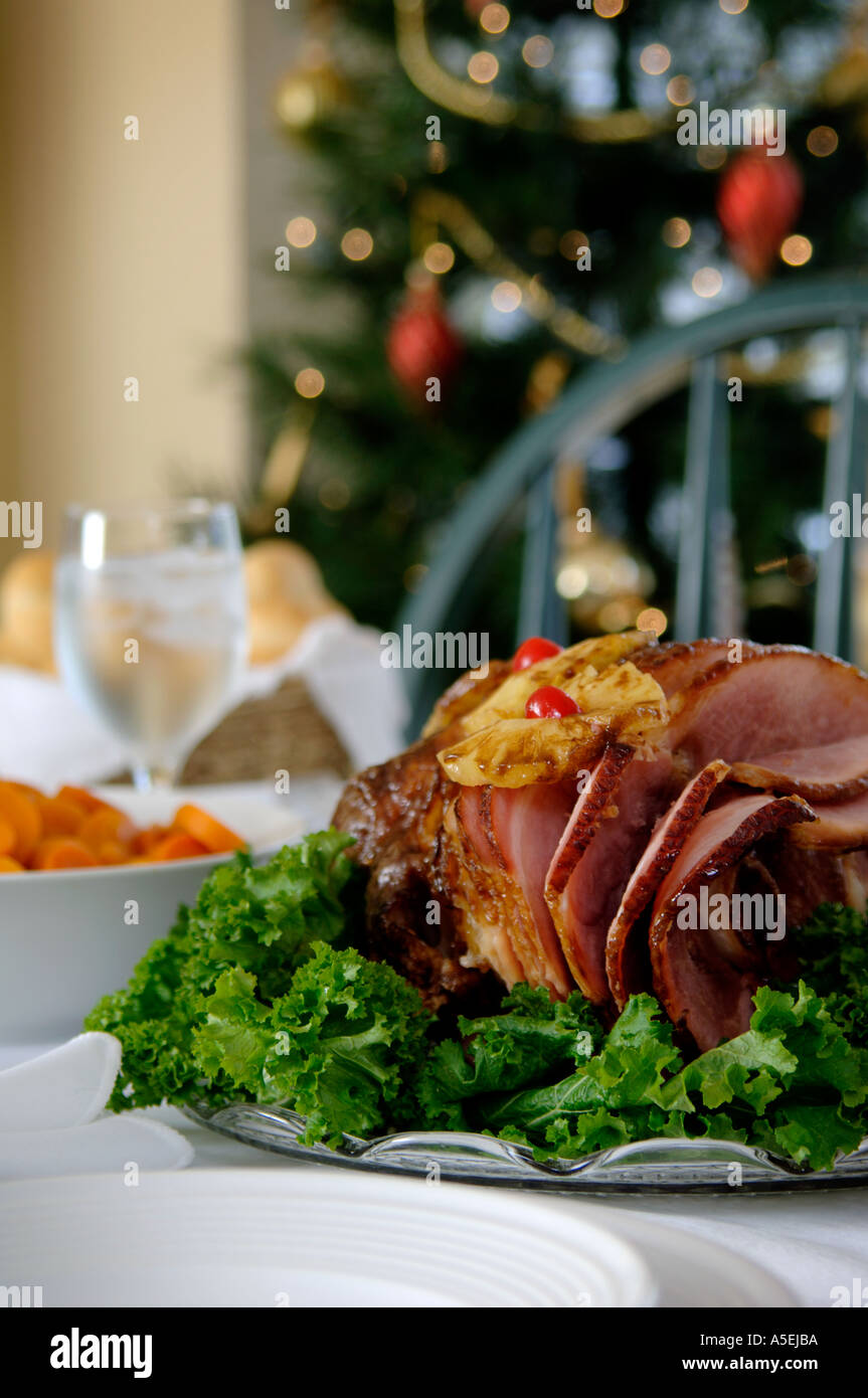 Holiday ham dinner table setup Stock Photo - Alamy