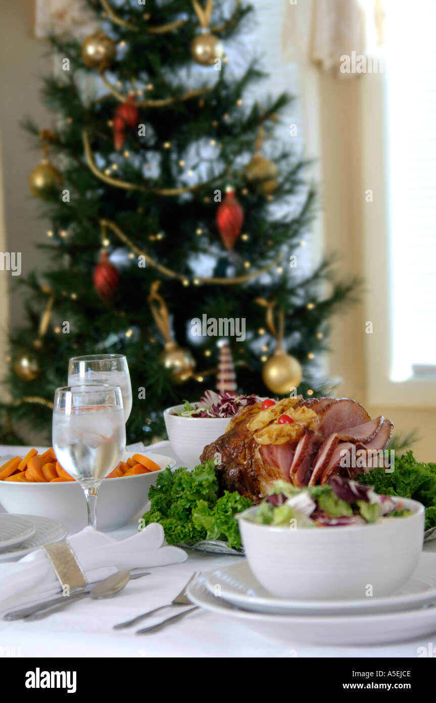 Holiday ham dinner table setup Stock Photo - Alamy