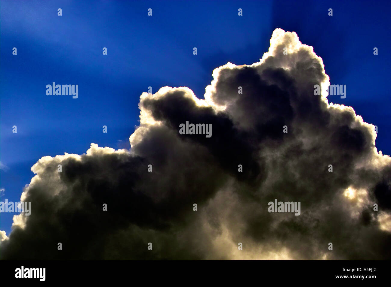 Heavy rain cloud with blue sky behind back lit showing a halo of light ...