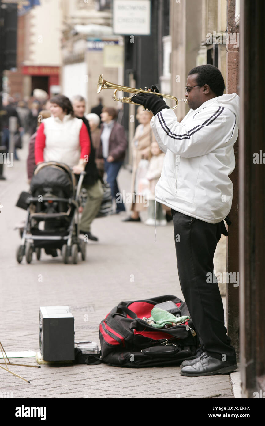 Chester city street musician trumpeter trumpet actor black man people ...