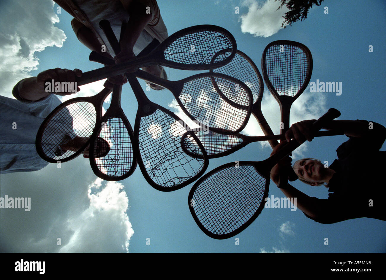 Antique tennis racquets at a sale of vintage sporting equipment Stock ...