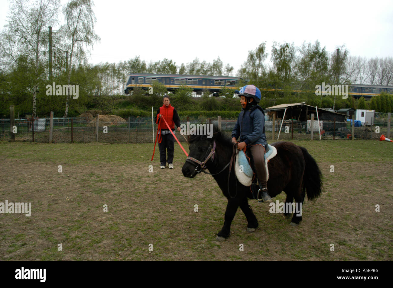 black girl with shetland pony learning to ride with her mother in a ...