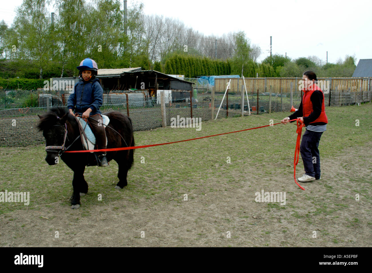 black girl with shetland pony learning to ride with her mother in a ...