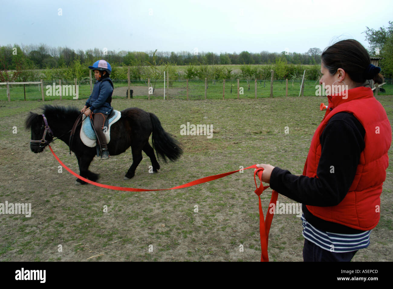 black girl with shetland pony learning to ride with her mother in a ...