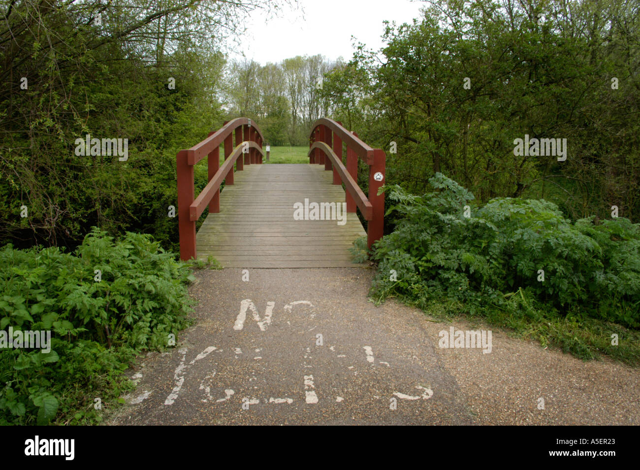 country park wooden footpath bridge with no cycling sign Stock Photo ...