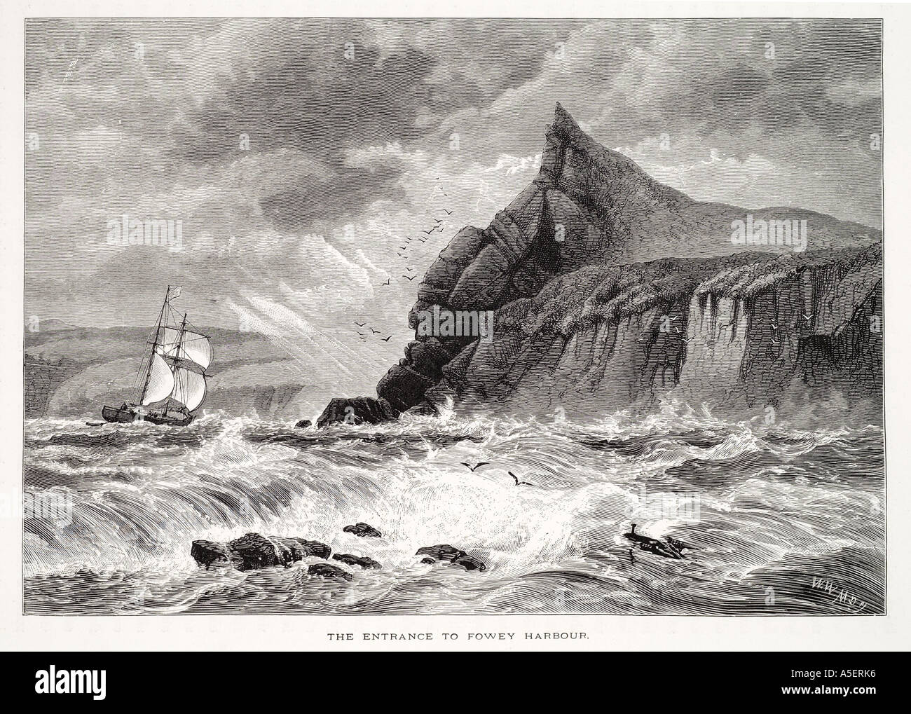 fowey harbour cornwall rough sea wave sail boat cliff marine maritime ...