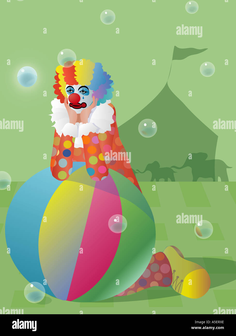 Clown leaning on the beach ball Stock Photo - Alamy