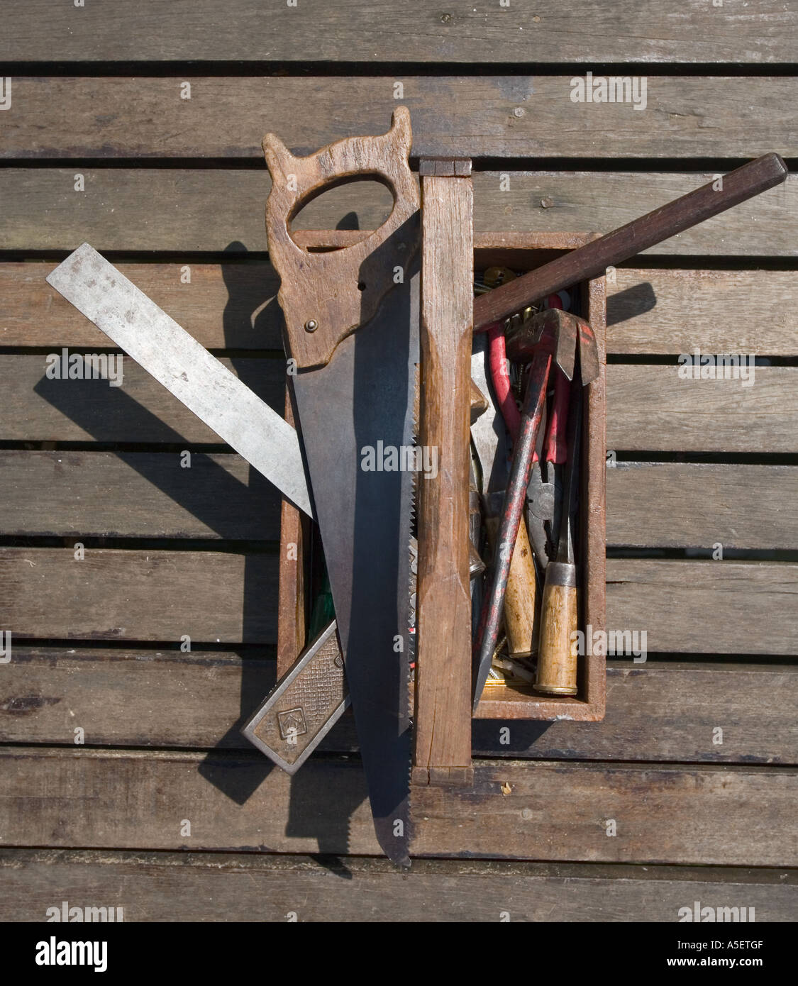 Wooden box full of tools Stock Photo - Alamy