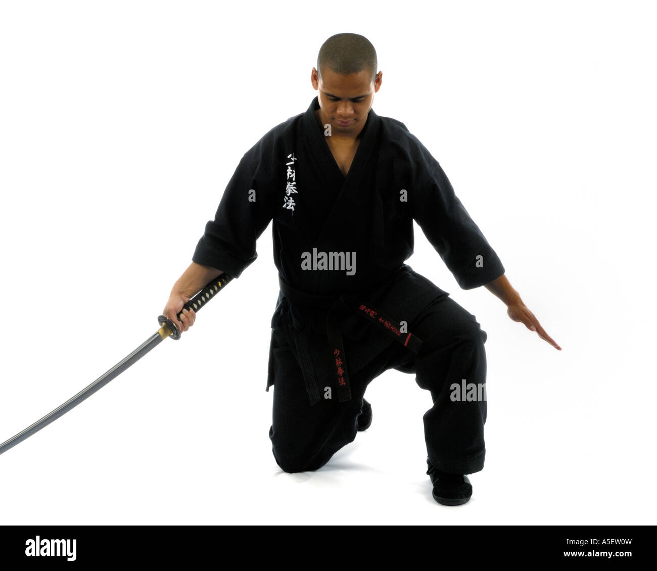 black belt karate instructor with sword in finished position with head ...
