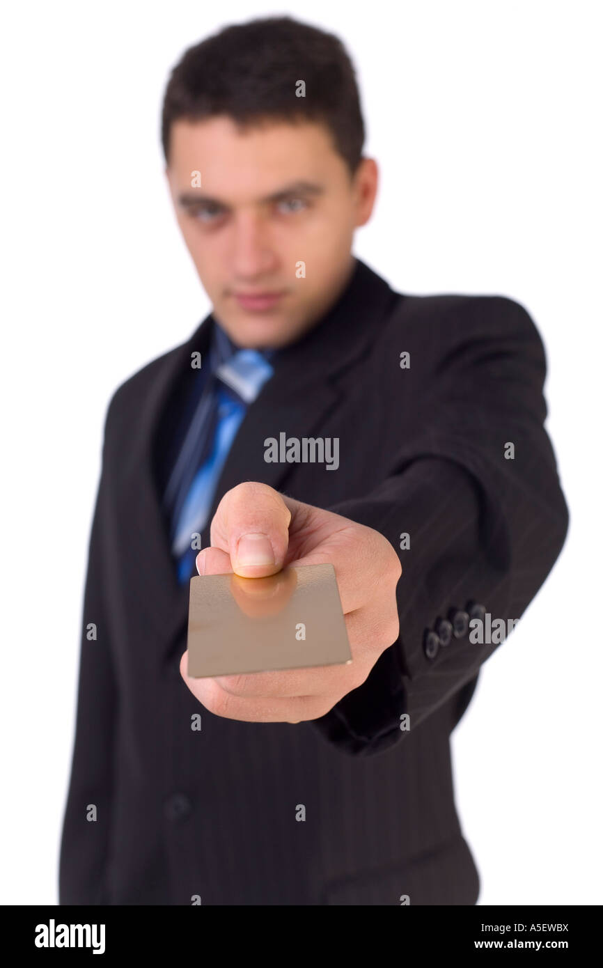 Young man giving gold card White background in studio Focus on the card ...