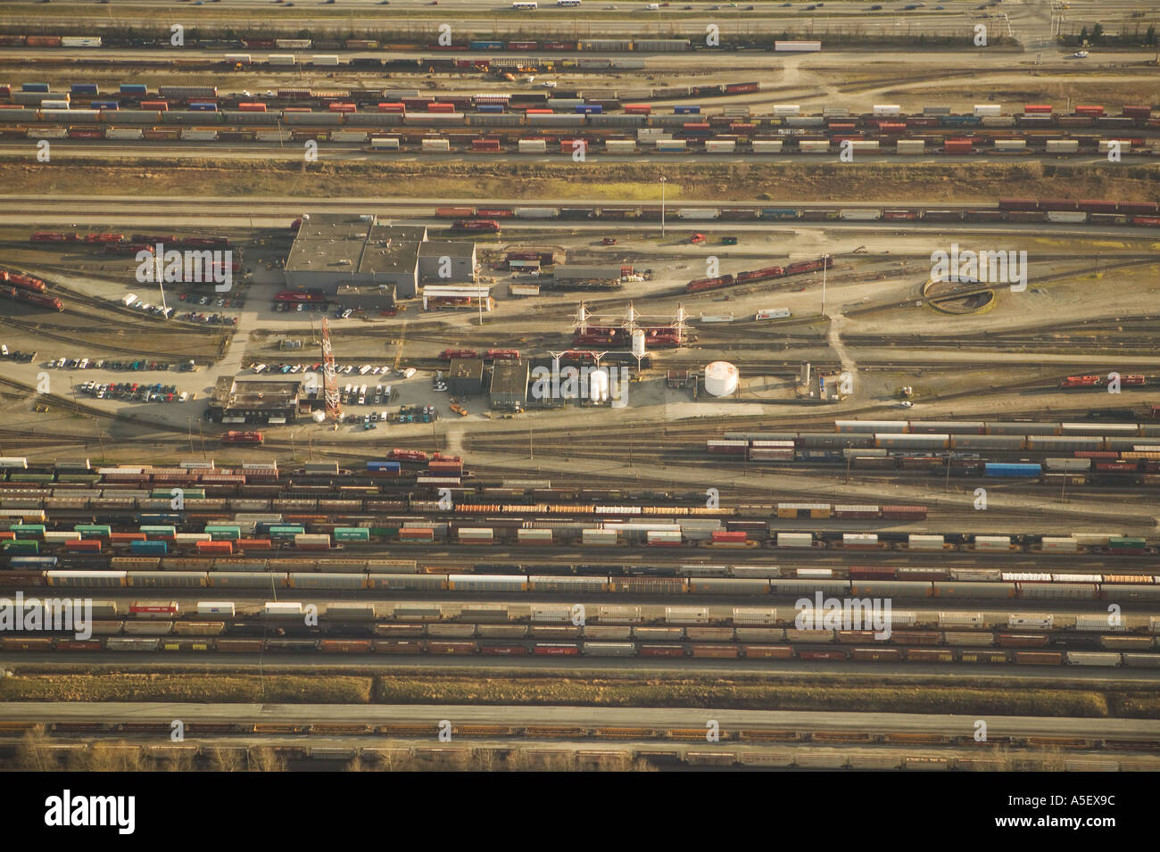 Aerial view of freight train switch yard British Columbia Canada Stock ...