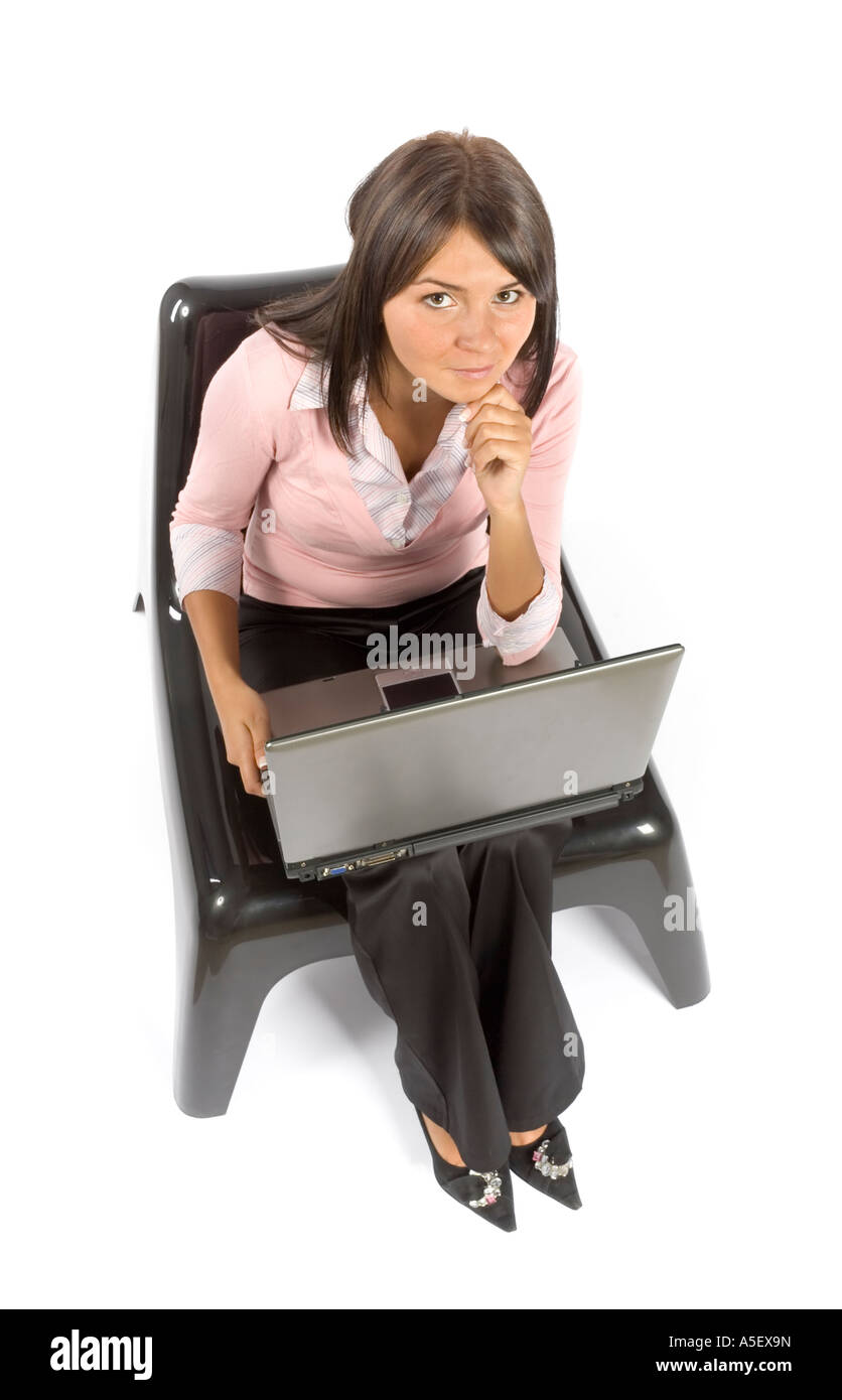 isolated woman sitting working computer Stock Photo - Alamy