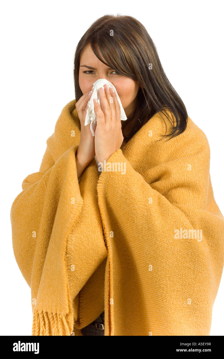 isolated ill woman with tissue Stock Photo - Alamy