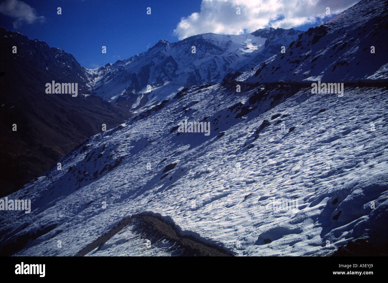 Atlas mountains in winter snow Jebel Toubkal trek route near Imlil ...