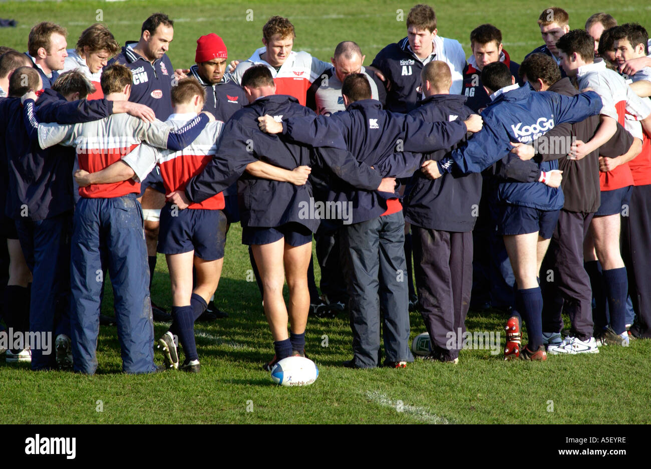 Llanelli RFC rugby players bonding during a training session at Stradey ...
