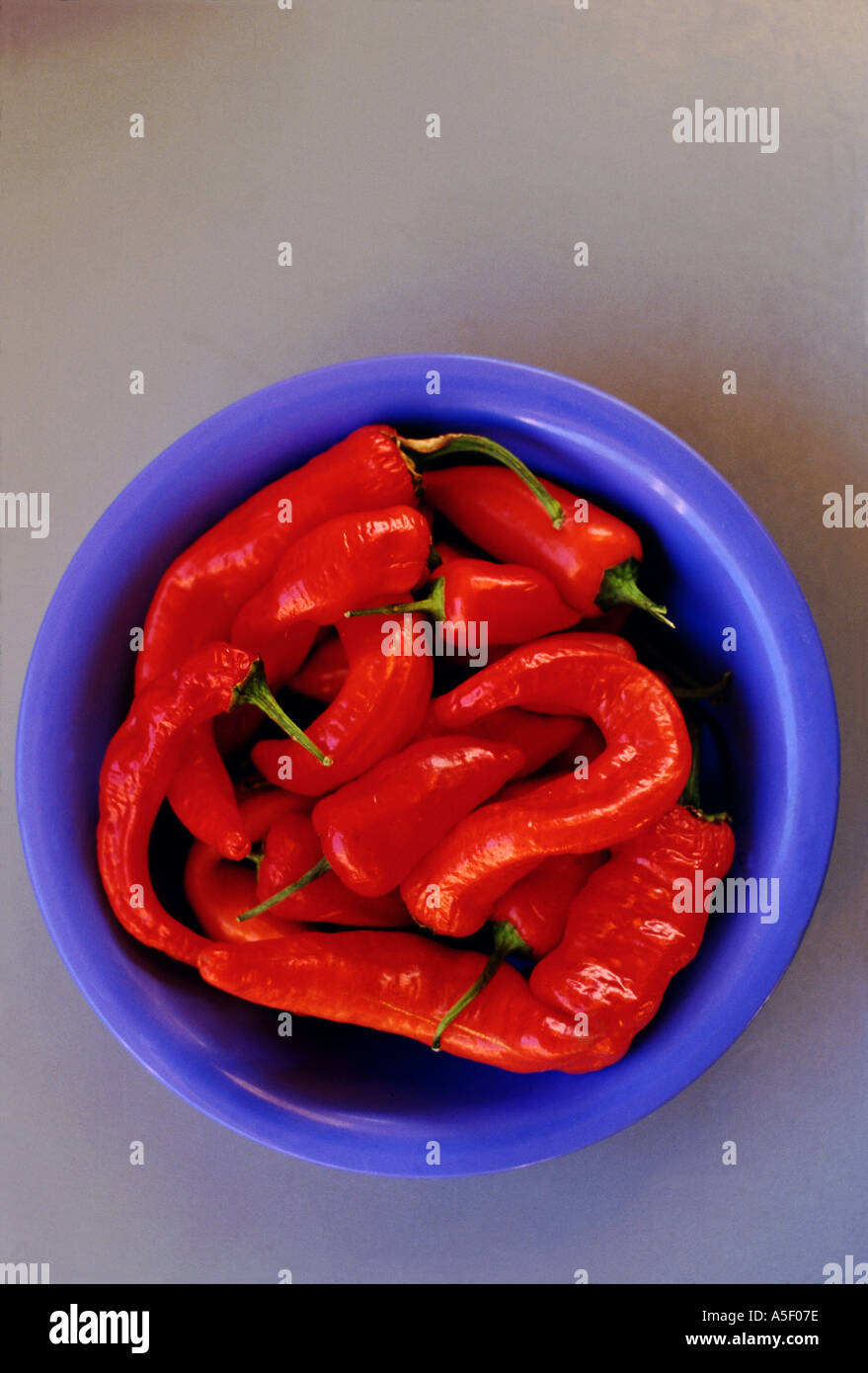 Chili peppers in blue bowl Stock Photo - Alamy