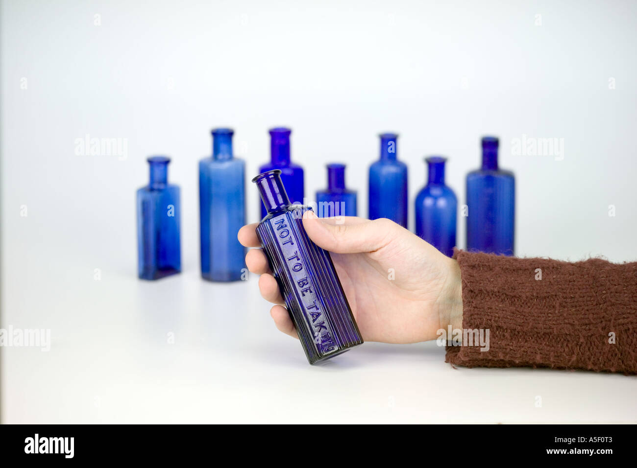 Blue glass antique poison bottle with "not to be taken" warning sign ...