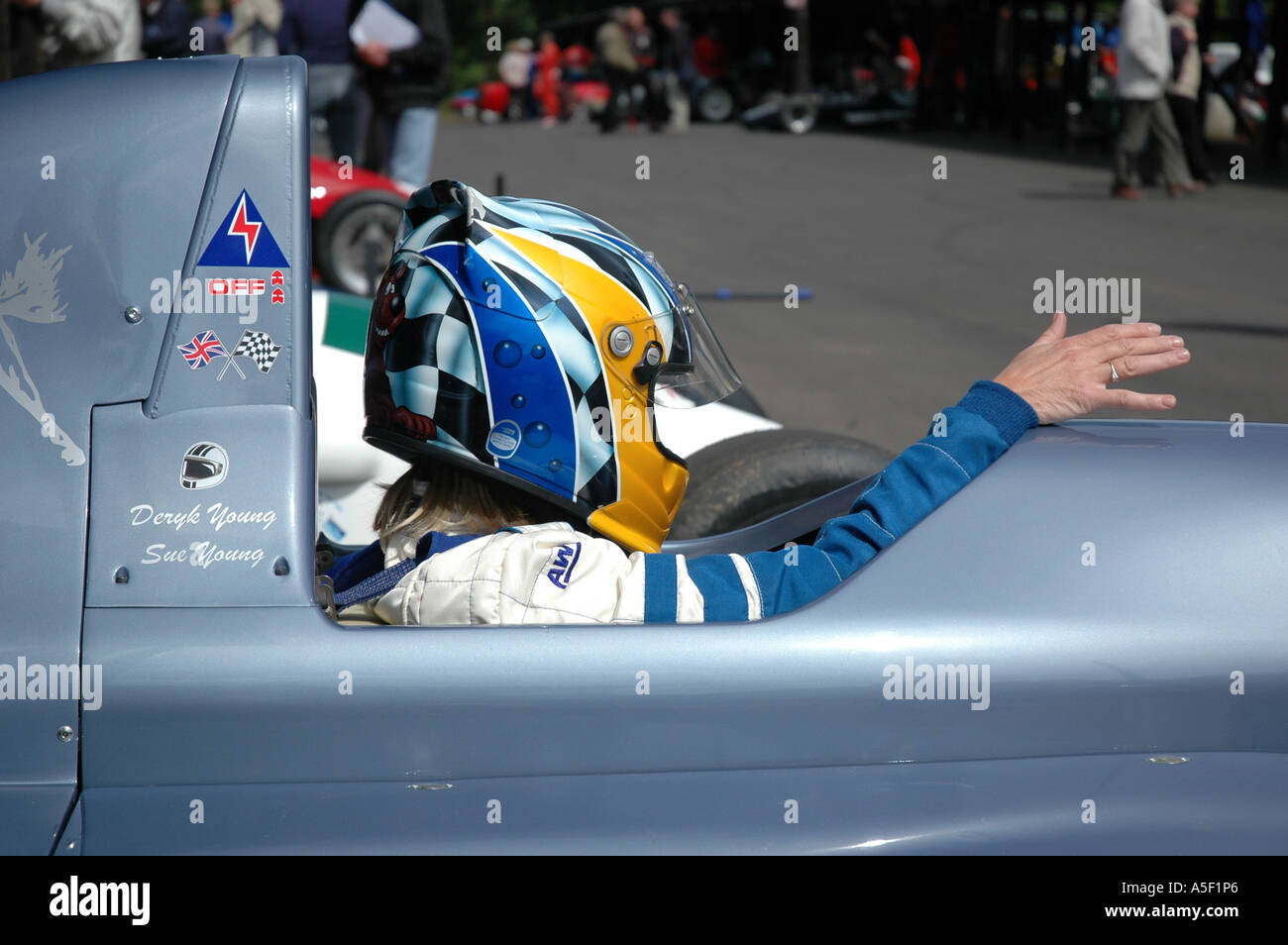 Female racing driver in the paddock at Shelsley Walsh Hill Climb ...