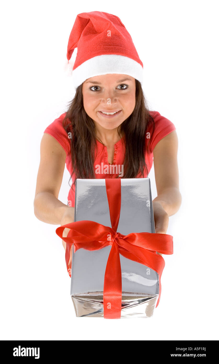 isolated on white young female Santa with gift Stock Photo - Alamy