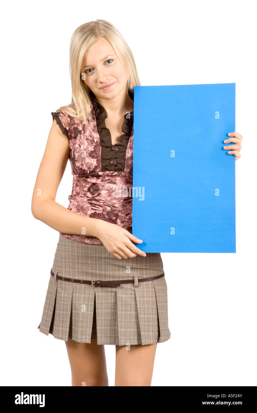 isolated on white young blonde woman with message table Stock Photo - Alamy