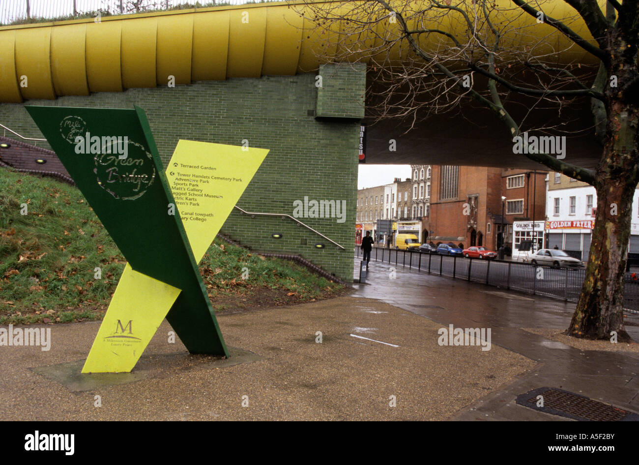 The Green Bridge that carries Mile End Park over the Mile End Road ...