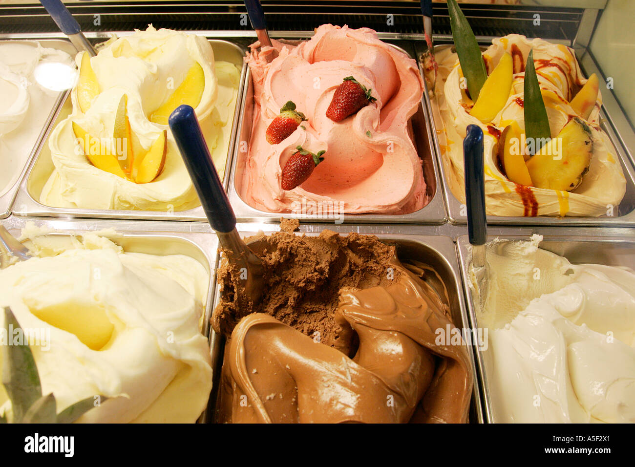 ice cream shop background six bowls of different kind ice cream sugar ...