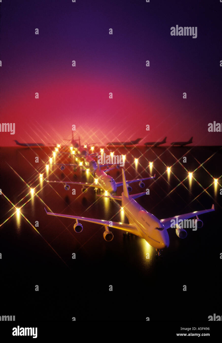 Model Boeing 747 aircraft on simulated lighted runway and other ...