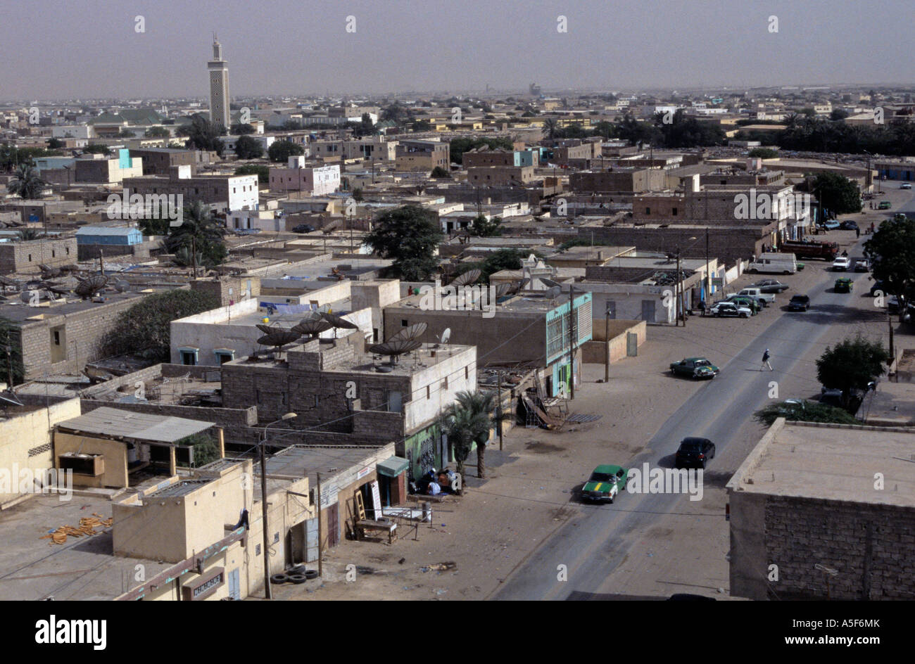 Cityscape with low-rise buildings and road, Nouakchott, Mauritania ...