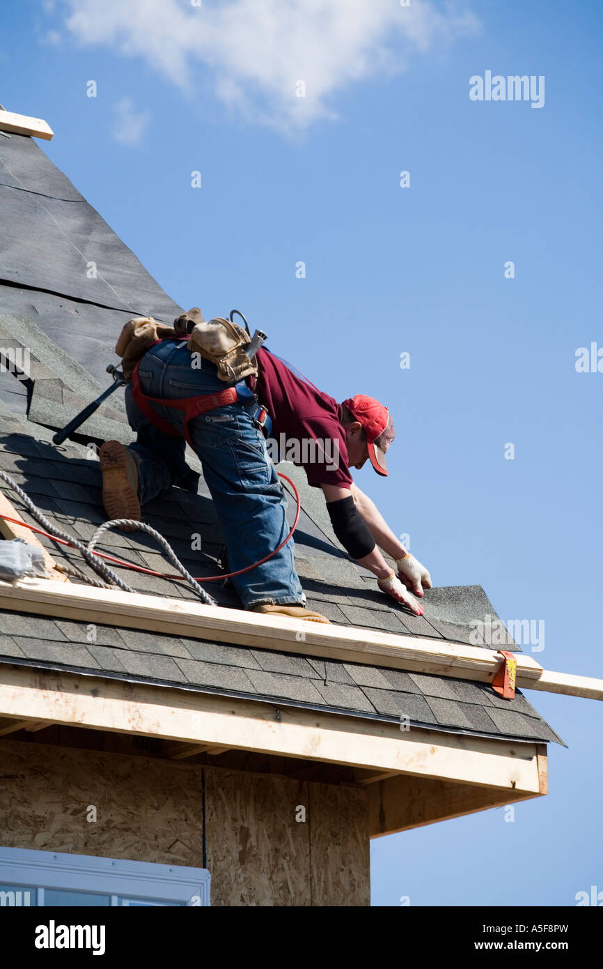 Immigrant Worker Installing Roof Shingles Stock Photo - Alamy