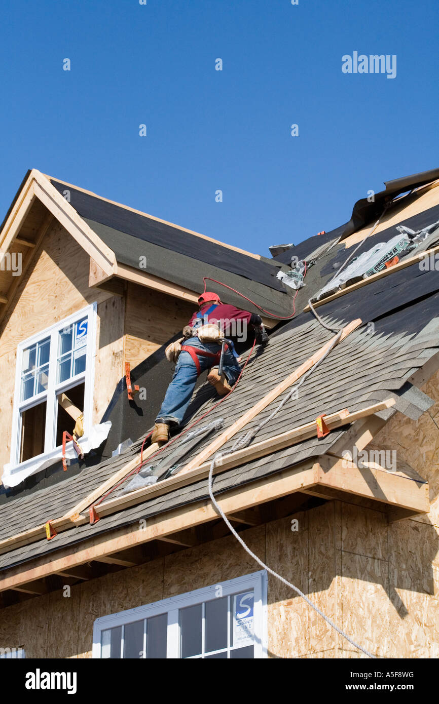 Immigrant Worker Installing Roof Shingle Stock Photo - Alamy